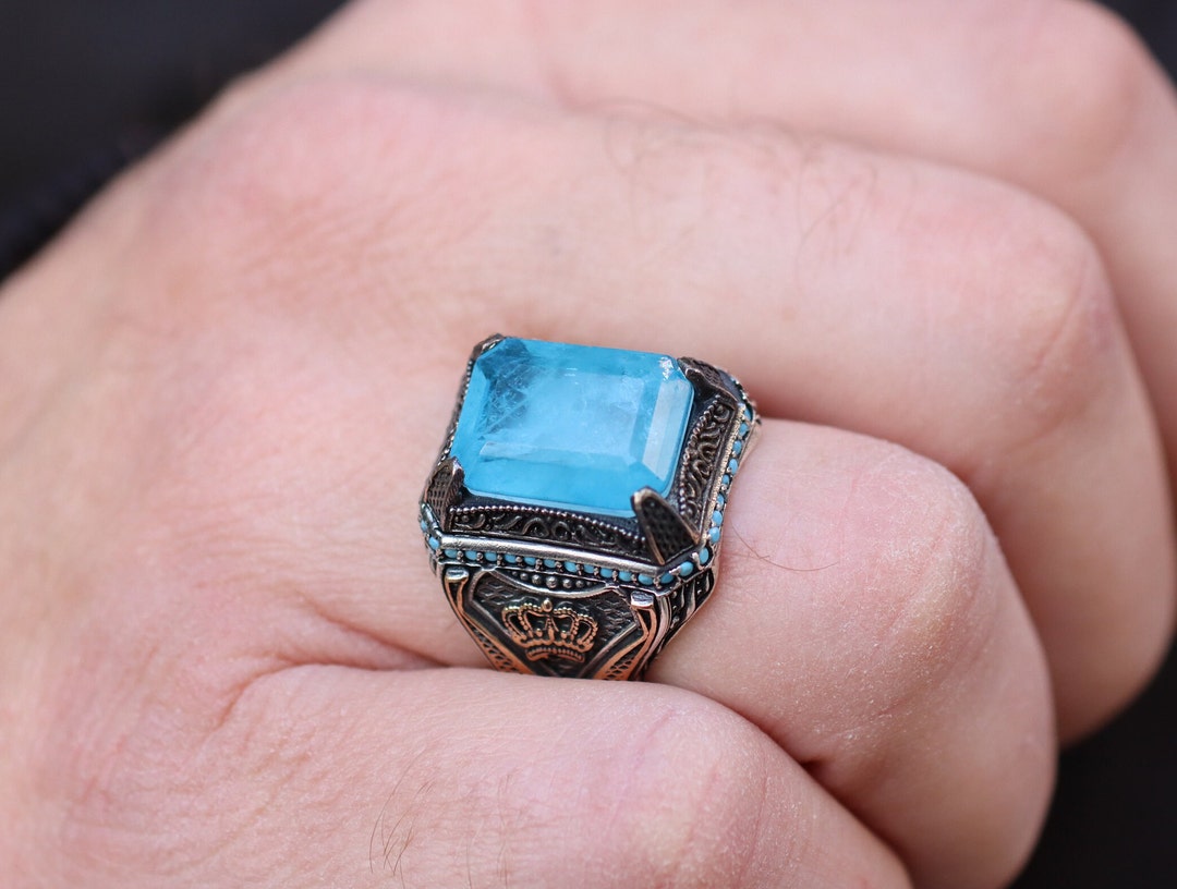 Aquamarine Mens Ring, Silver Mens Ring, Sterling Silver 925 Mens Ring ...