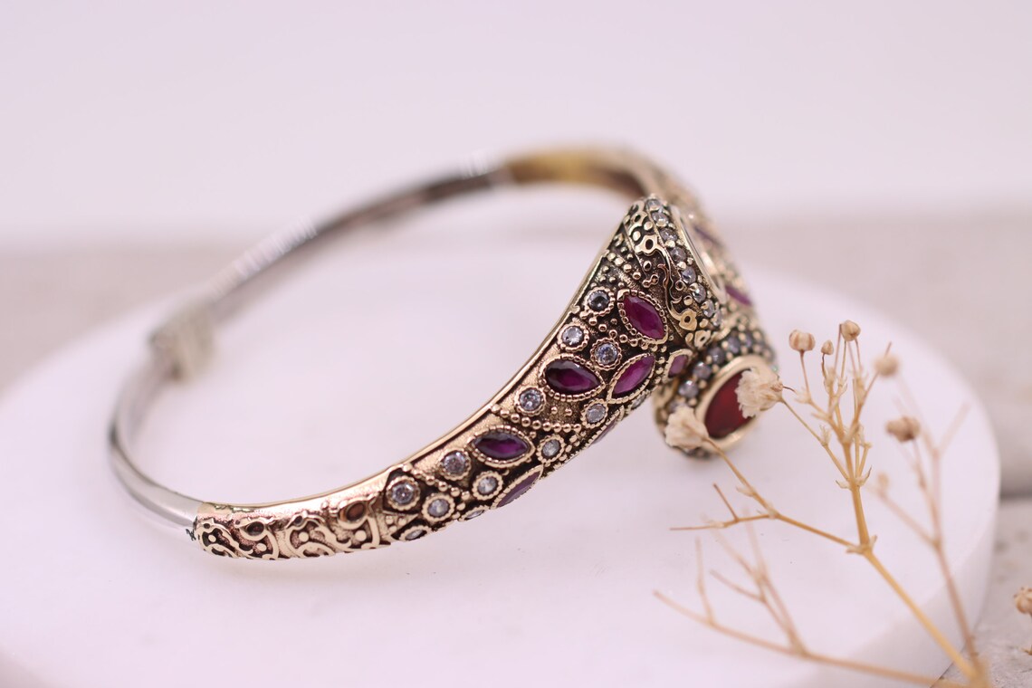 925 Sterling Silver Ruby Bracelet, Turkish Handmade Bracelet, Silver ...