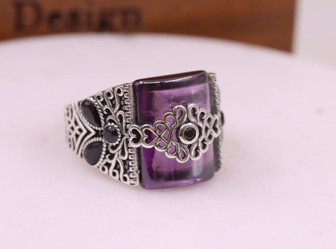 Vintage Style Amethyst Stone Silver Mens Ring, Unique Design Statement ...