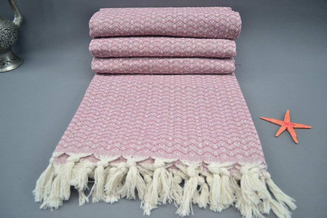 Personalized Turkish Cotton Throw Blanket: Rose Pink Cream Bed Cover - Etsy