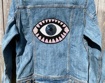Denim Jacket Jaguar Embroidered Jacket Eye Jacket Cat - Etsy