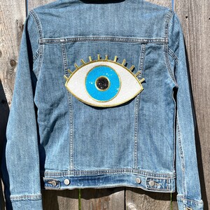 Gold, White and Blue Sequin Evil Eye Jean Jacket - Custom Jean Jacket ...