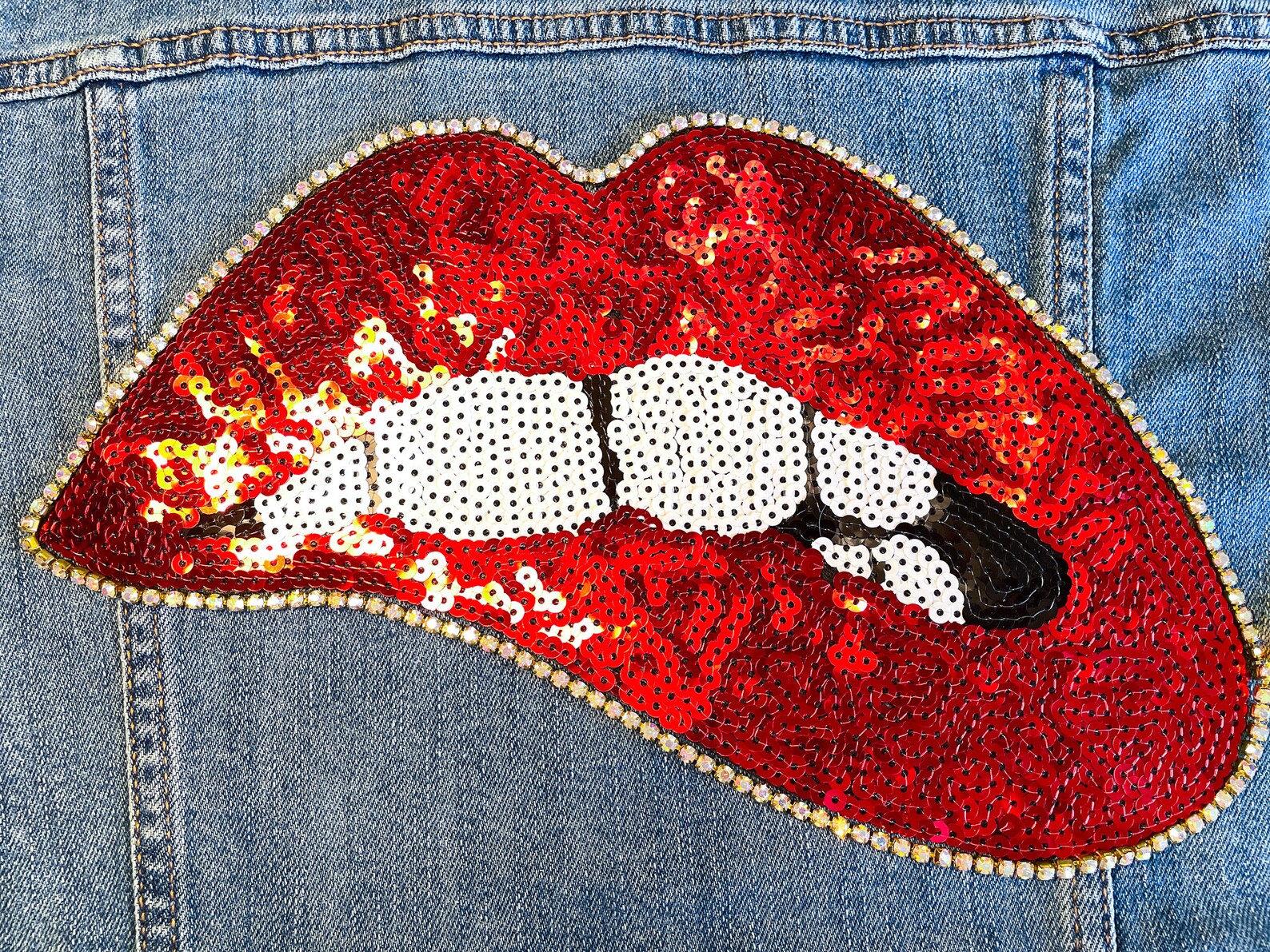 Red Sequin Lips Jean Jacket - Custom Jean Jacket / Red Lips Jean Jacket ...