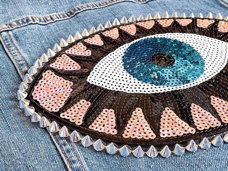 Iridescent Pink and Blue Sequin Evil Eye Jean Jacket - Custom Jean ...