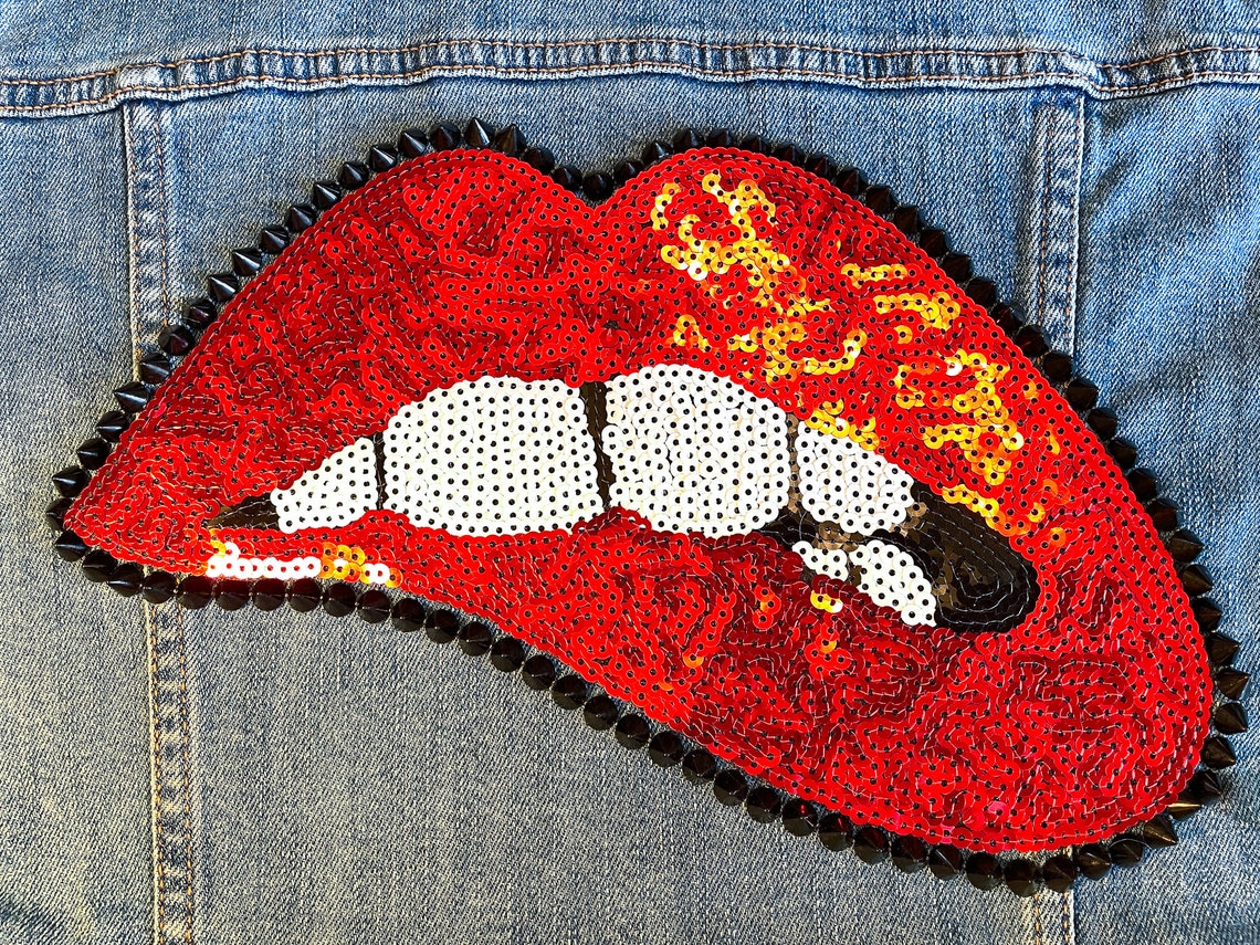 Red Sequin Lips Jean Jacket - Custom Jean Jacket / Red Lips Jean Jacket ...