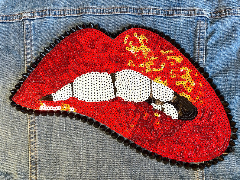 Red Sequin Lips Jean Jacket Custom Jean Jacket / Red Lips - Etsy