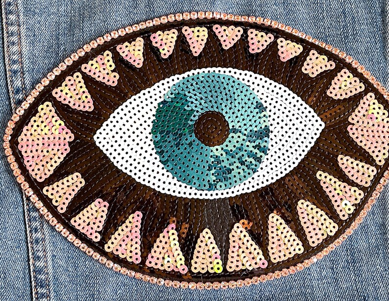 Iridescent Pink and Blue Sequin Evil Eye Jean Jacket - Custom Jean ...