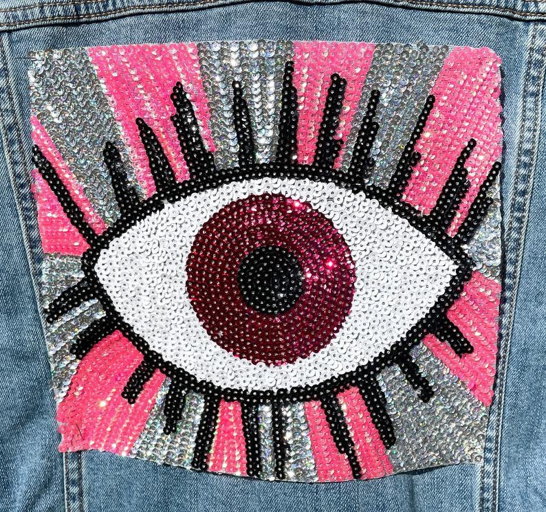Sequin Evil Eye Jean Jacket - Custom Jean Jacket / Turquoise Evil Eye ...