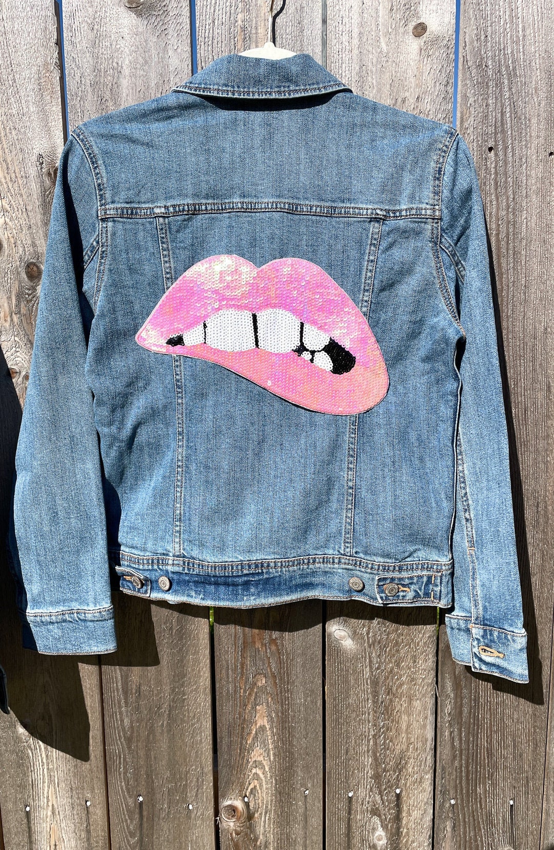Iridescent Pink Sequin Lips Jean Jacket - Custom Jean Jacket / Pink ...