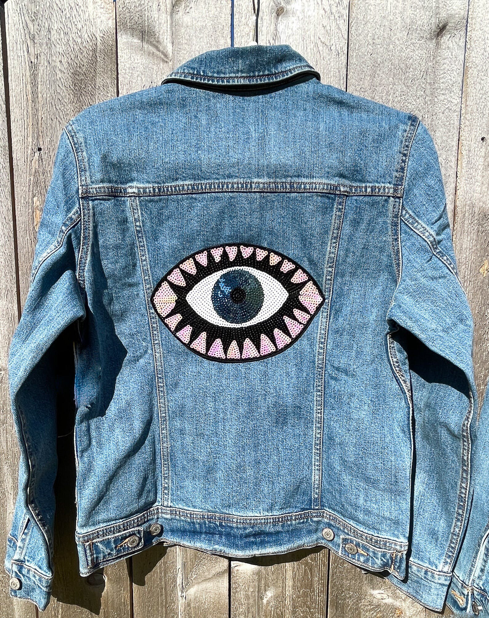 Sequin Evil Eye Jean Jacket - Custom Jean Jacket / Turquoise Evil Eye ...