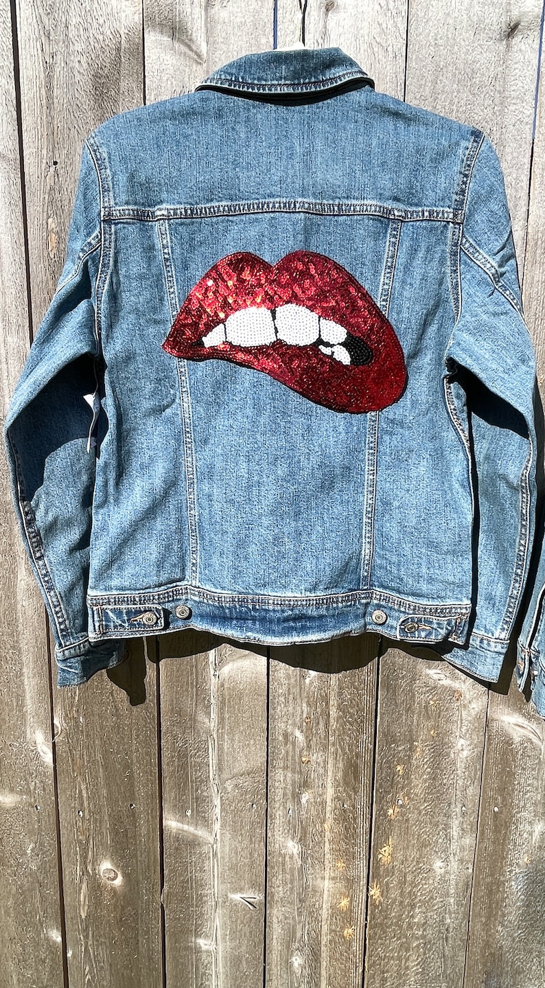 Red Sequin Lips Jean Jacket - Custom Jean Jacket / Red Lips Jean Jacket ...