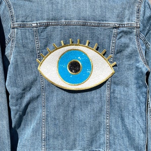 Gold, White and Blue Sequin Evil Eye Jean Jacket - Custom Jean Jacket ...