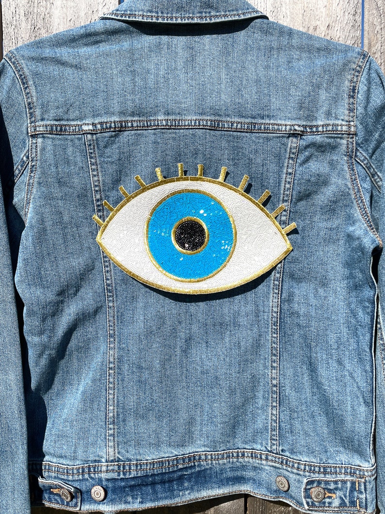 Gold, White and Blue Sequin Evil Eye Jean Jacket - Custom Jean Jacket ...