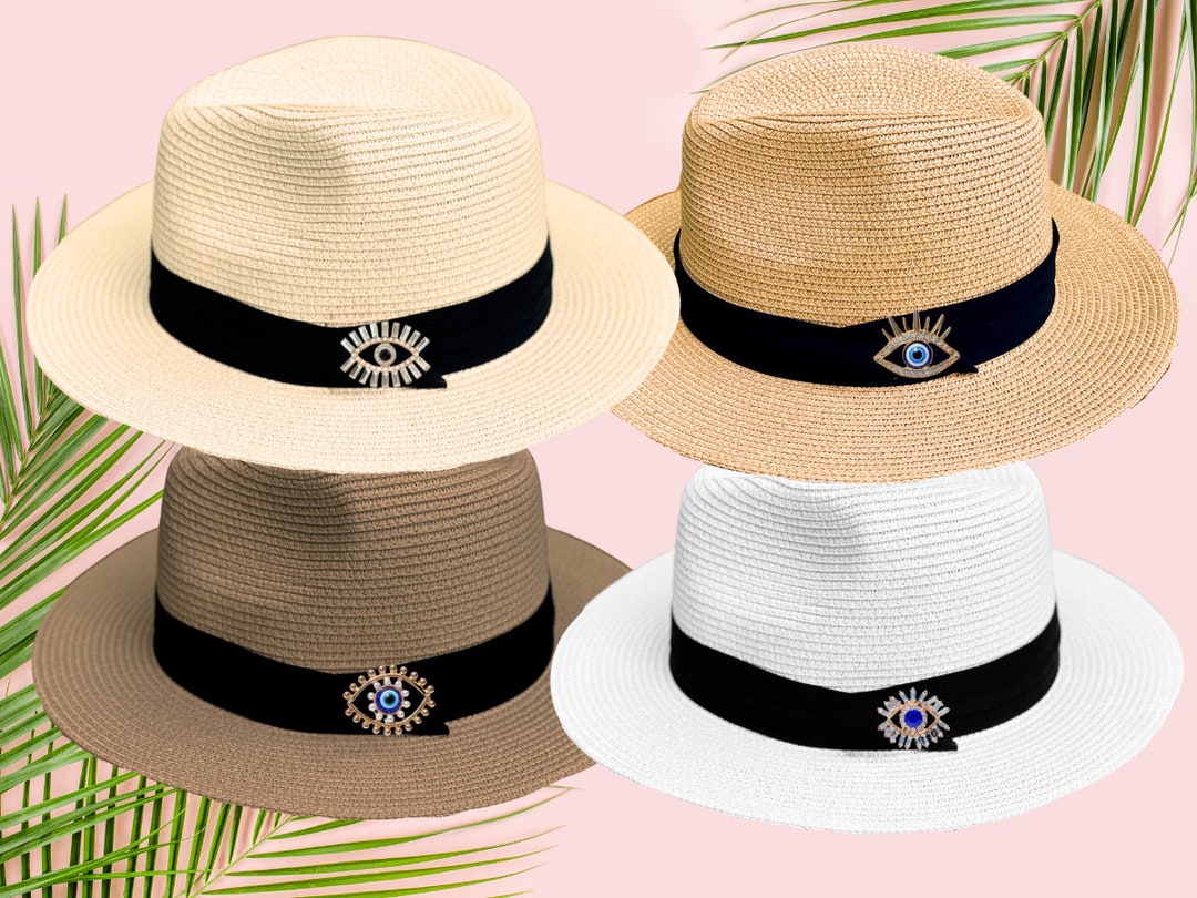 Evil Eye Panama Hat - Custom Hat / Panama Sun Hat / Bling Rhinestone Hat / Gold Spikey Beach Hat ...