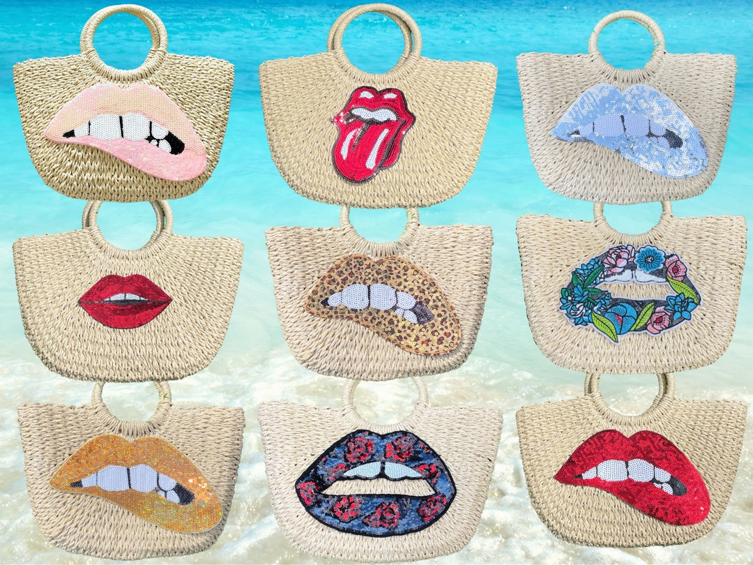 Sequin Lips Straw Beach Bag - Red Lips Beach Bag / Leopard Lips ...