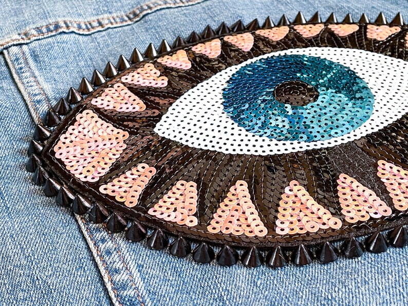 Iridescent Pink and Blue Sequin Evil Eye Jean Jacket - Custom Jean ...