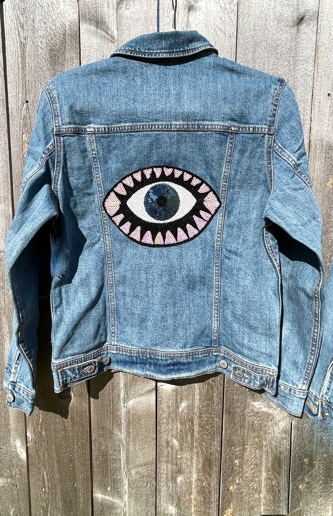 Iridescent Pink and Blue Sequin Evil Eye Jean Jacket Custom - Etsy