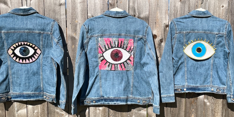 Gold White and Blue Sequin Evil Eye Jean Jacket | Etsy