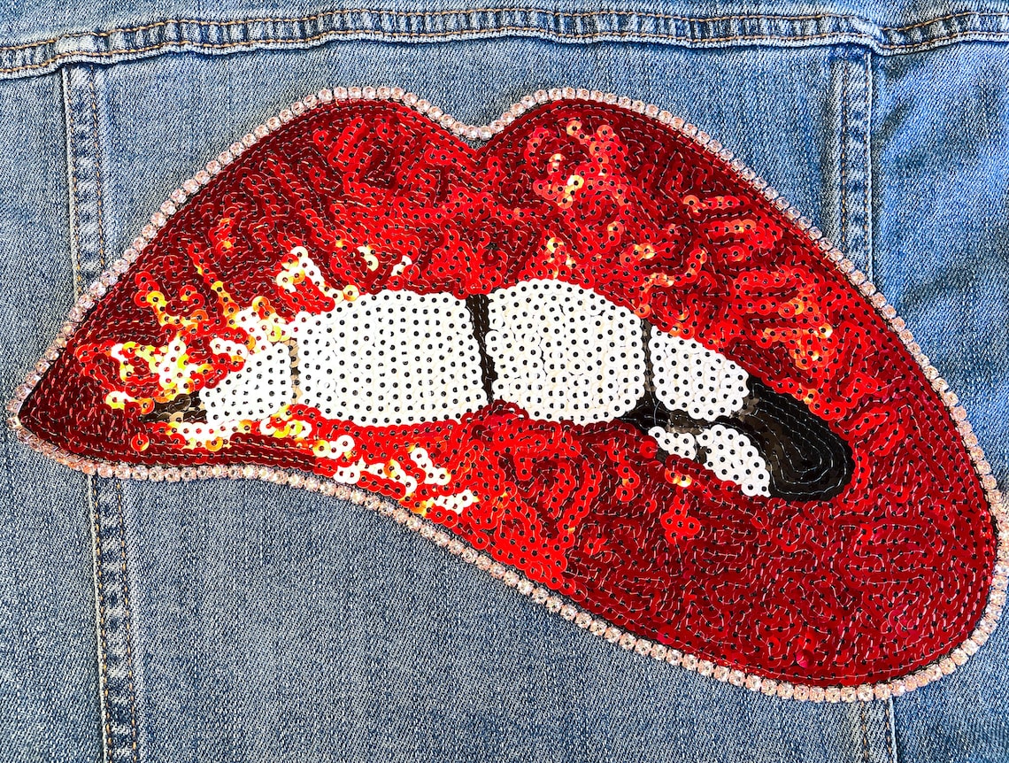 Red Sequin Lips Jean Jacket Custom Jean Jacket / Red Lips | Etsy