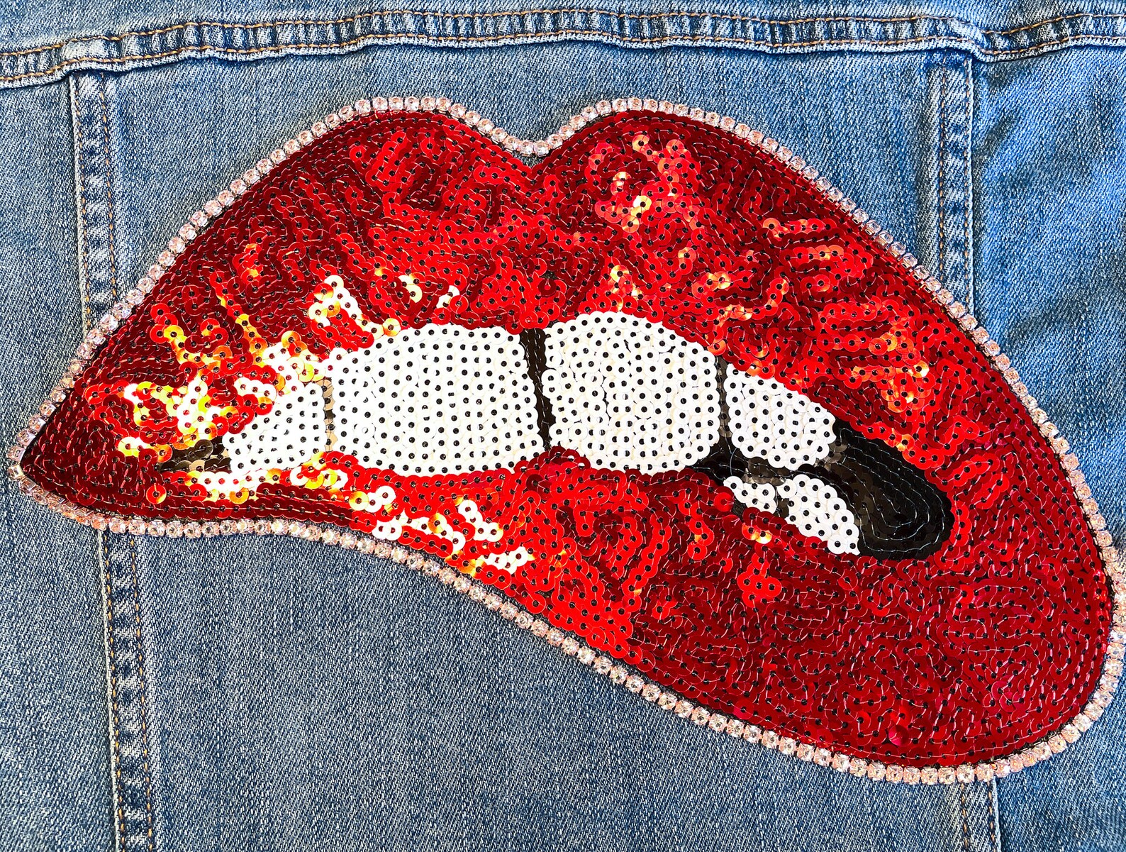 Red Sequin Lips Jean Jacket - Custom Jean Jacket / Red Lips Jean Jacket ...