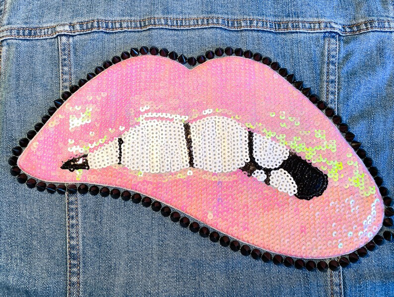 Iridescent Pink Sequin Lips Jean Jacket Custom Jean Jacket / | Etsy