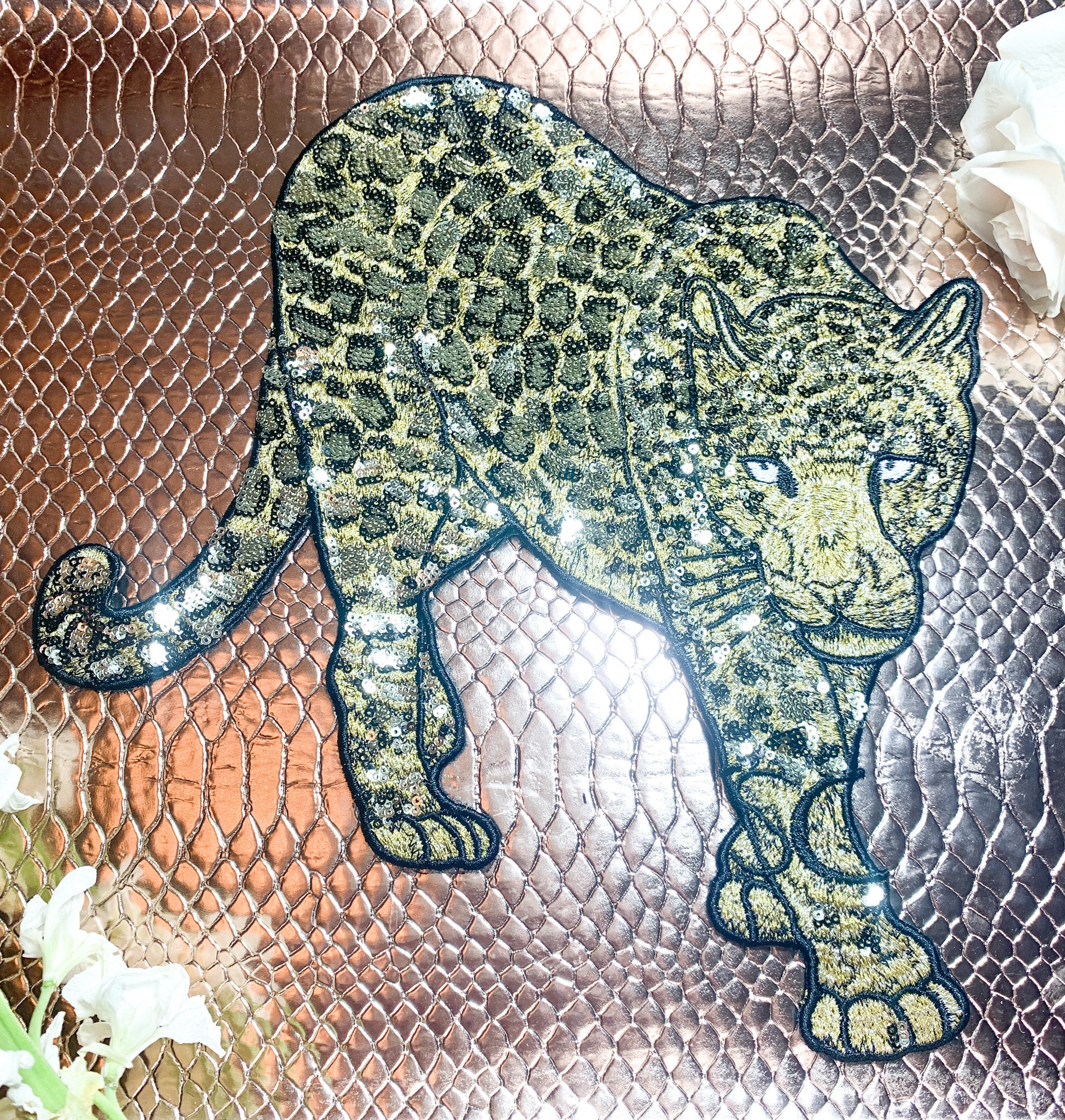 Sequin Leopard Jaguar Patch - Gold Leopard Patch / Black Leopard Patch ...