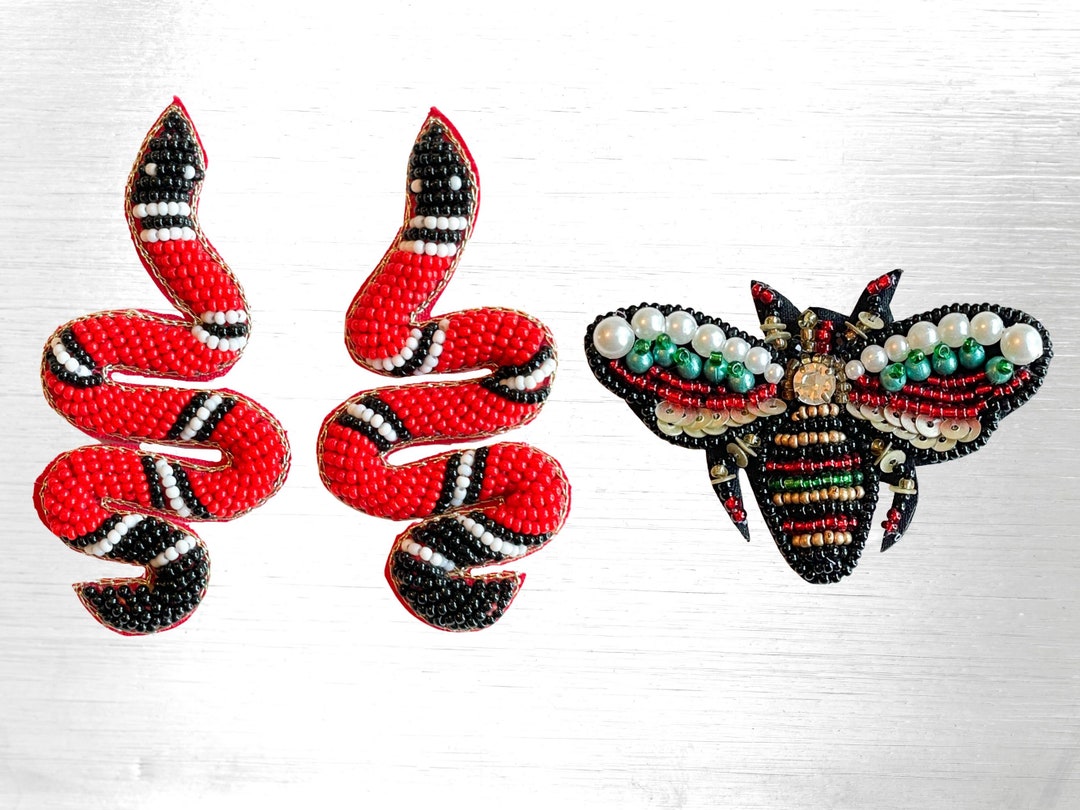 Beaded Snake and Bee Patch - Red Snake Patch / Black Snake / Red Green ...