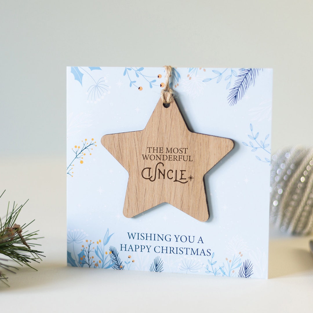 Uncle Christmas Card With Wooden Star Christmas Tree Ornament ...