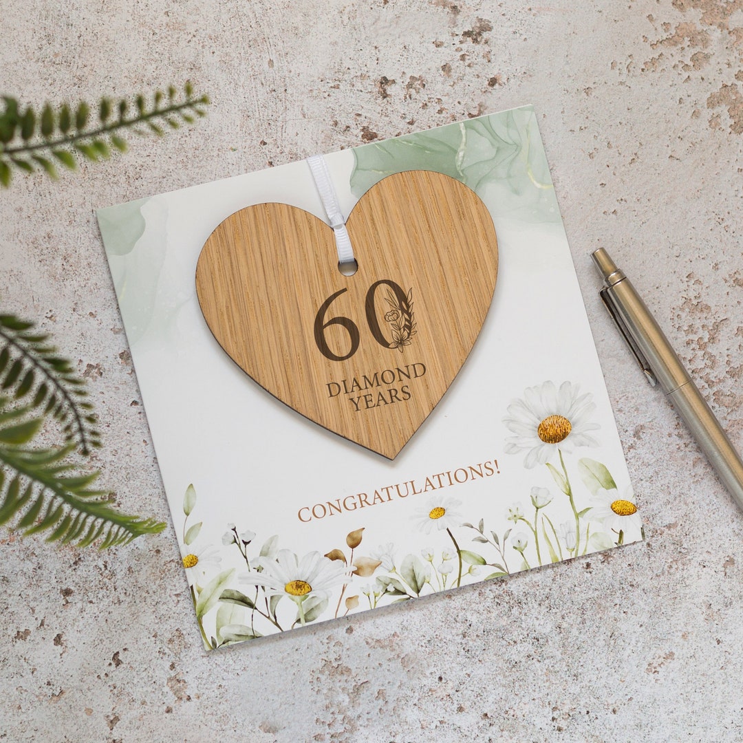60th Wedding Anniversary Card With Wooden Heart Plaque Decoration ...