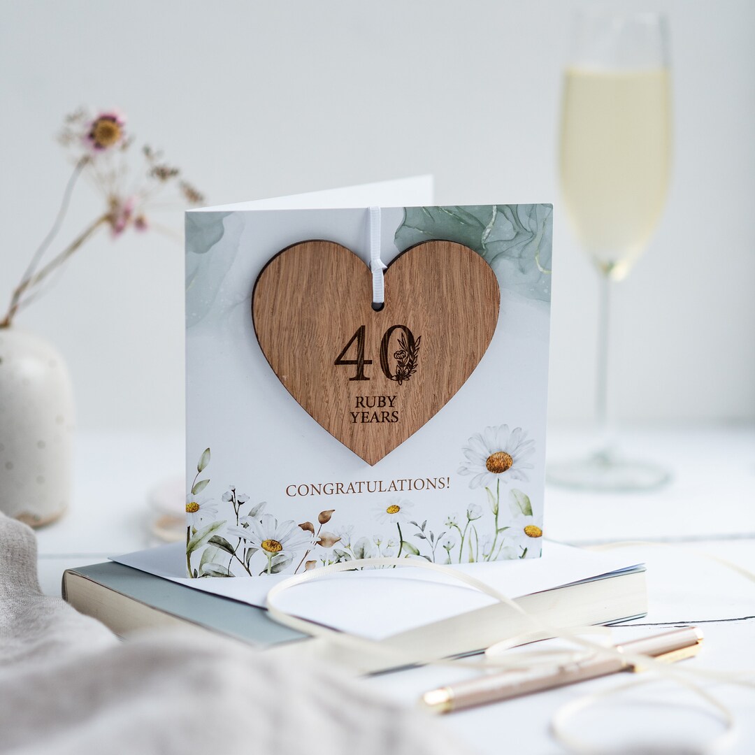 40th Wedding Anniversary Card With Wooden Heart Plaque Decoration ...