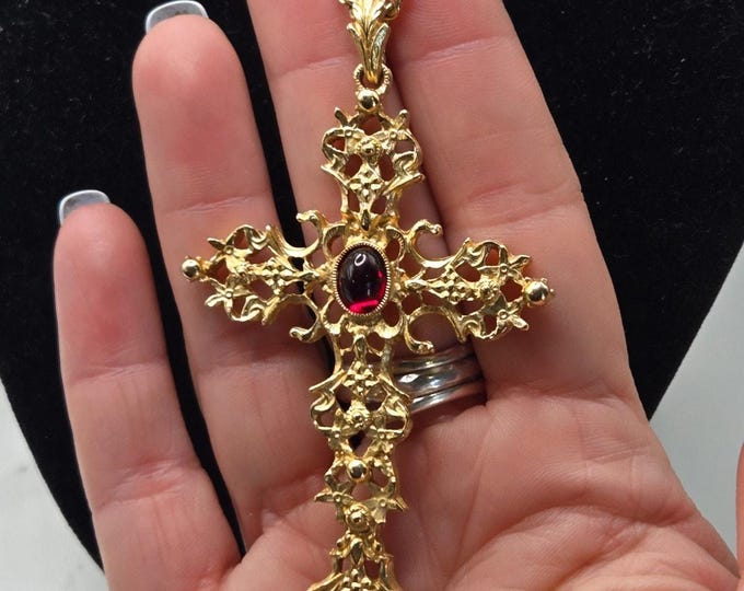 Vintage Avon Abbey Cross Pendant Ruby Red Cabachon Gold Chain Necklace ...