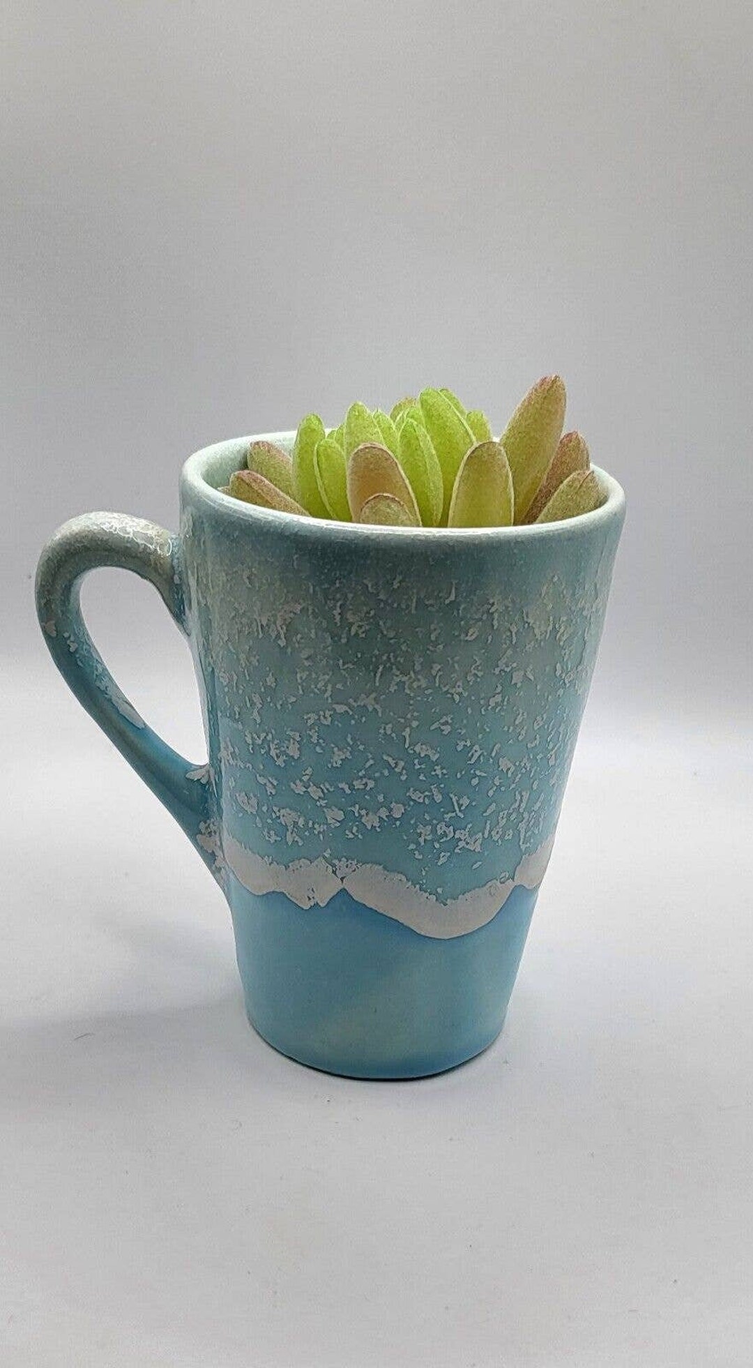 Vintage Aqua Blue Drip Glaze 8 Oz Coffee Mug With Faux Succulent - Etsy