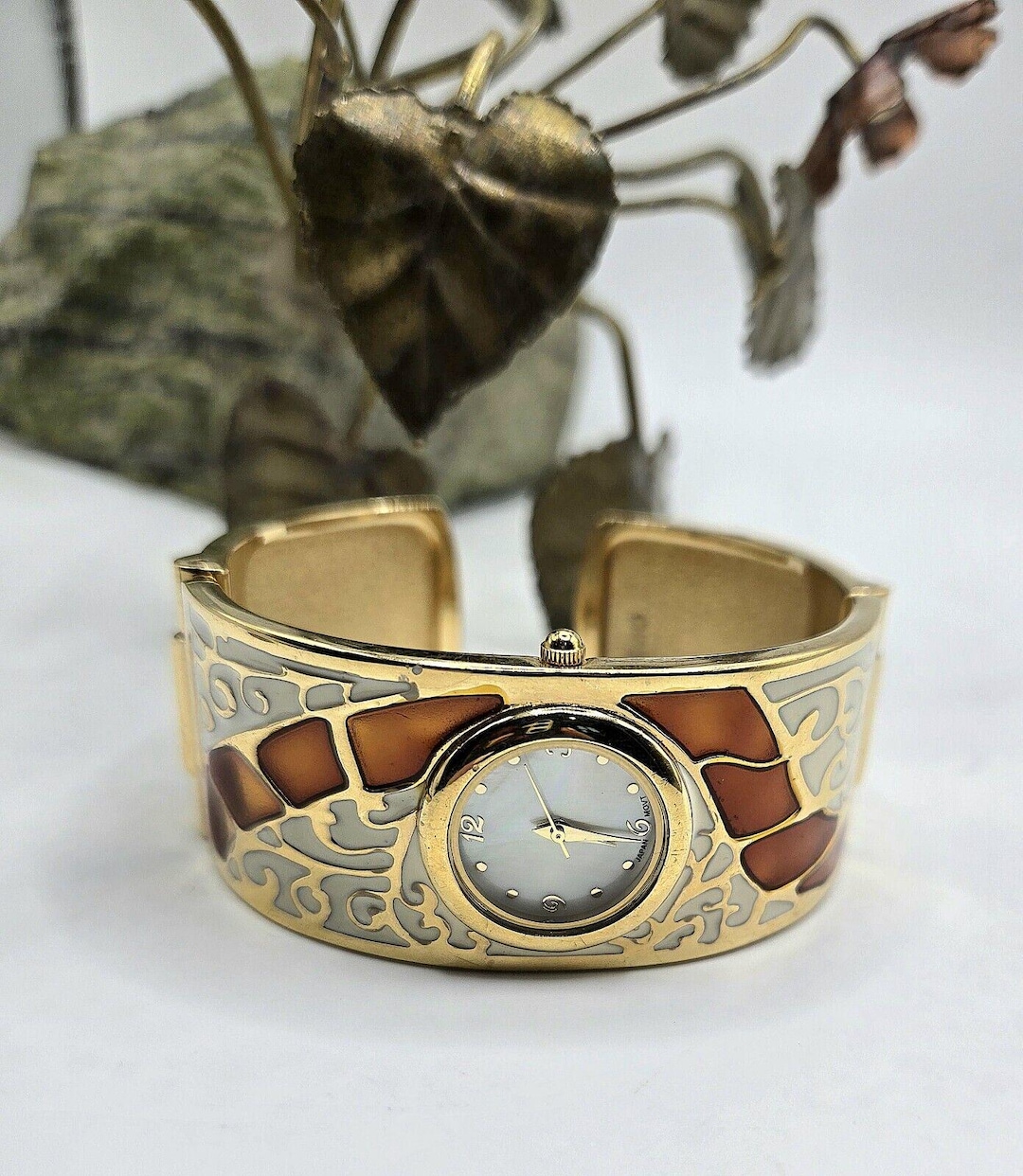 Vintage Avon Ladies Caramel Goldtone Enamel Wide Hinged Cuff Watch Sz ...