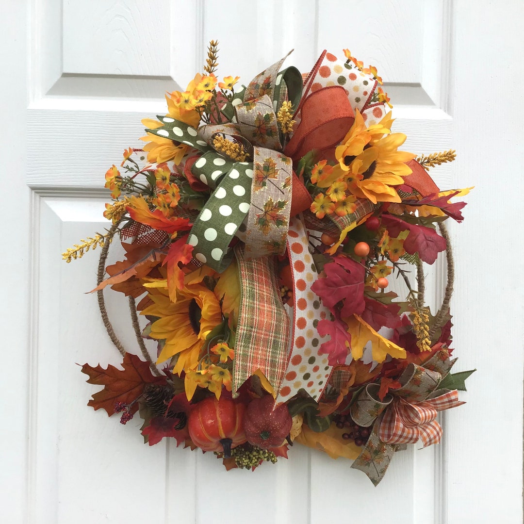 Fall Pumpkin Wreath, Jute Covered Frame, Fall Sunflowers and Florals ...