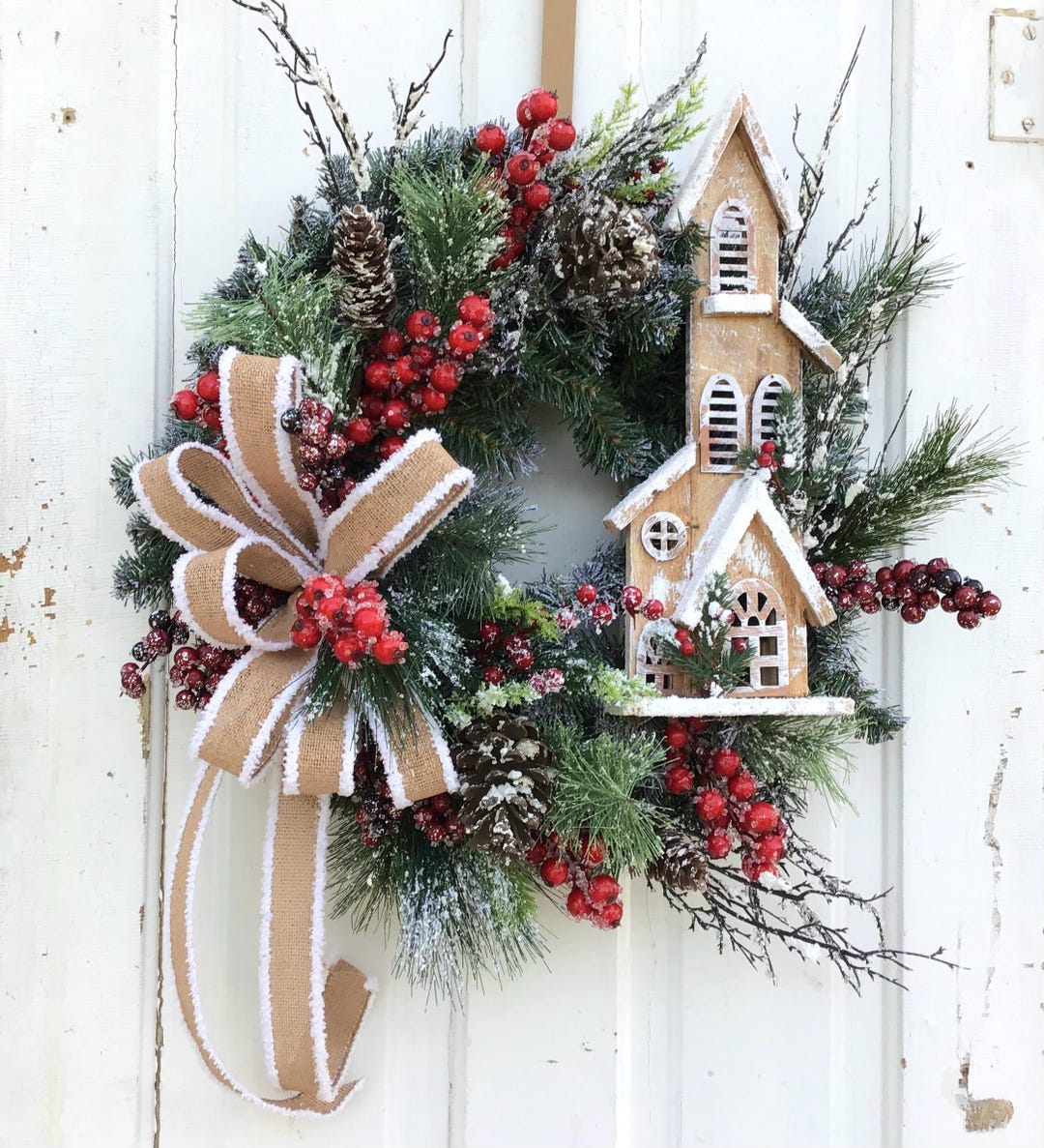 Winter Rustic Grapevine Country Church Wreath, Christmas Snowy Pine ...