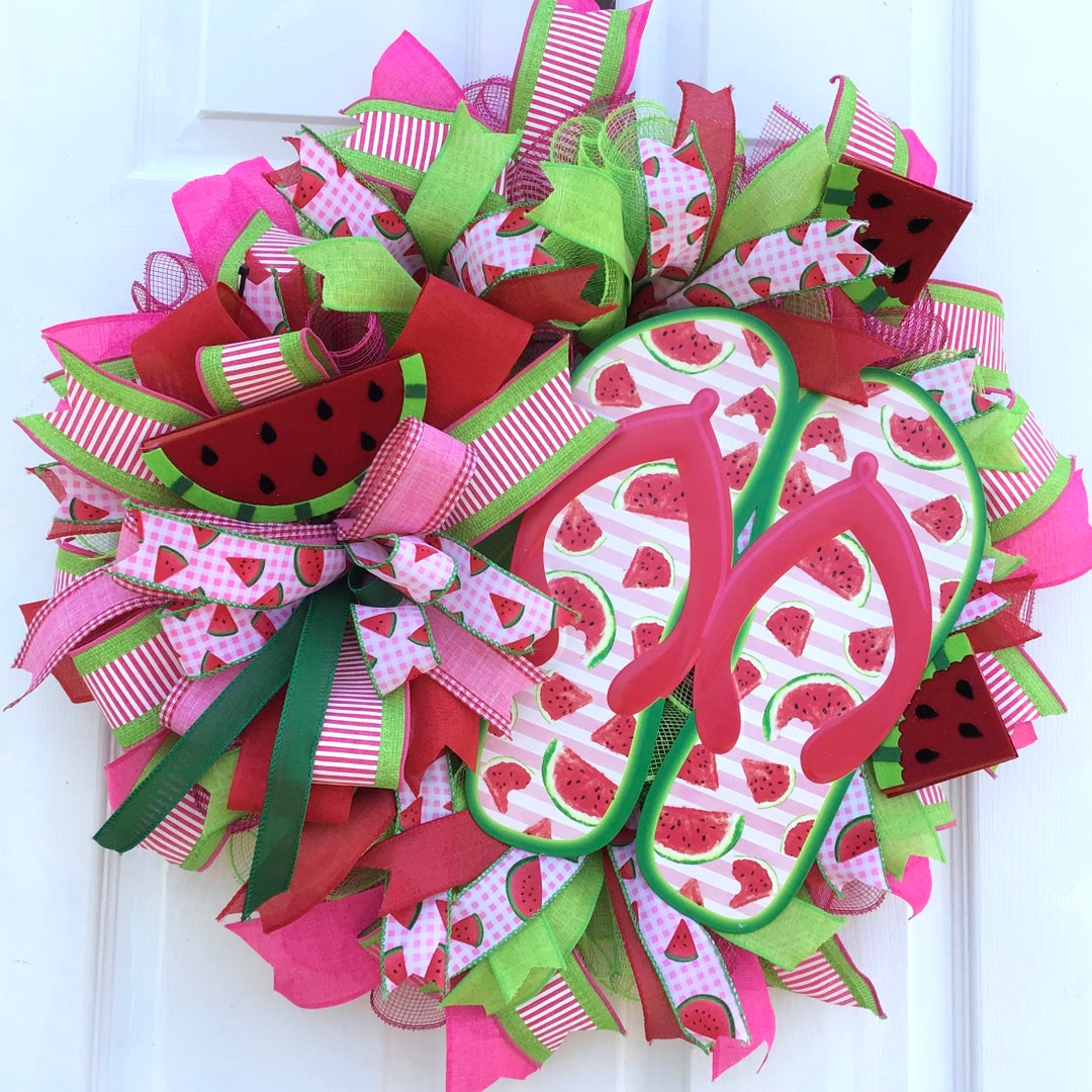 Watermelon Flip Flop Wreath for Front Door, Large Mesh Watermelon ...