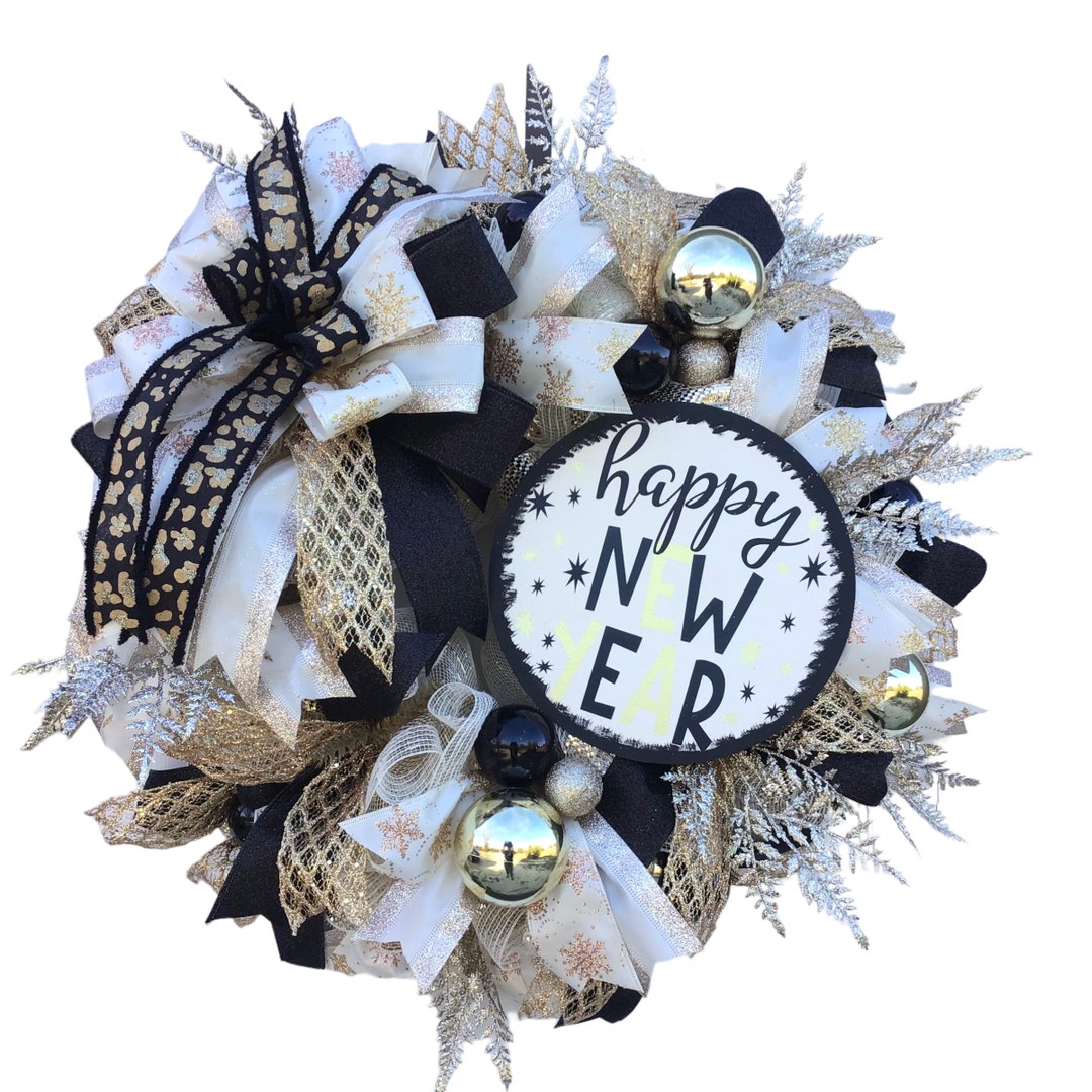 Happy New Year Wreath for Front Door, New Year Wreath, New Years Decor ...