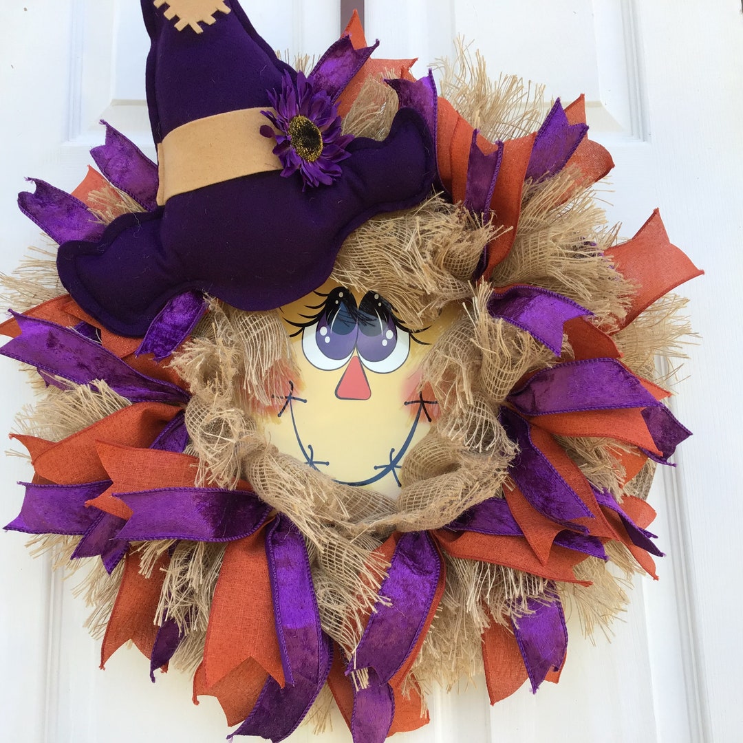 Scarecrow Fall Wreath, Purple and Orange, Fall Front Door Scarecrow ...