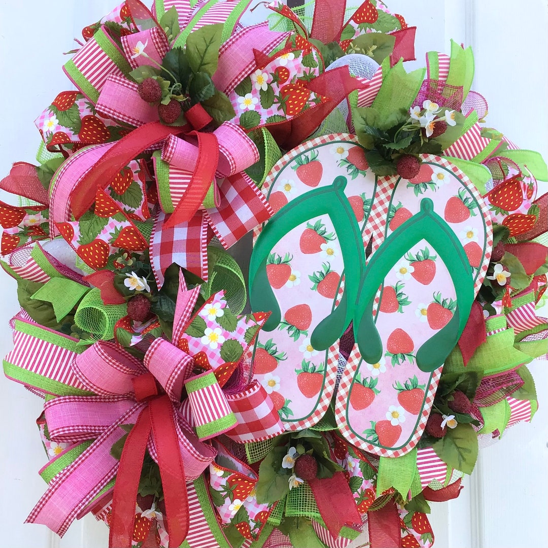 Strawberry Flip Flop Wreath for Front Door, Large Mesh Strawberry ...