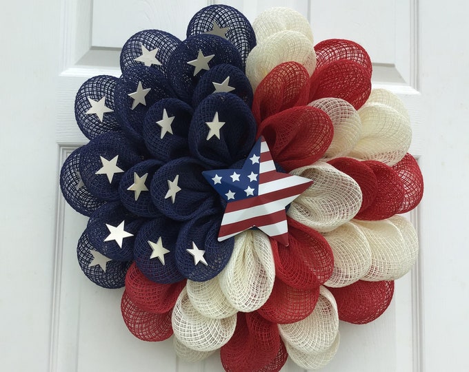 Patriotic American Flag Mesh Wreath, Red, Cream and Navy With Stars ...
