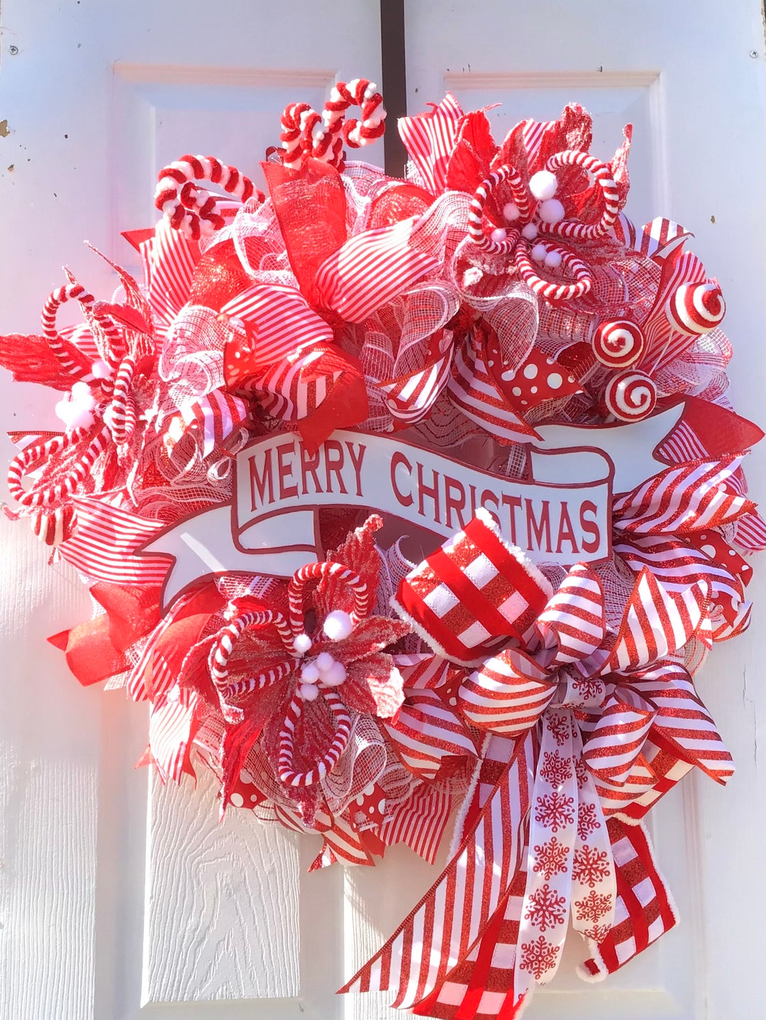 Large Red and White Christmas Front Door Wreath, Peppermint Poinsettia ...