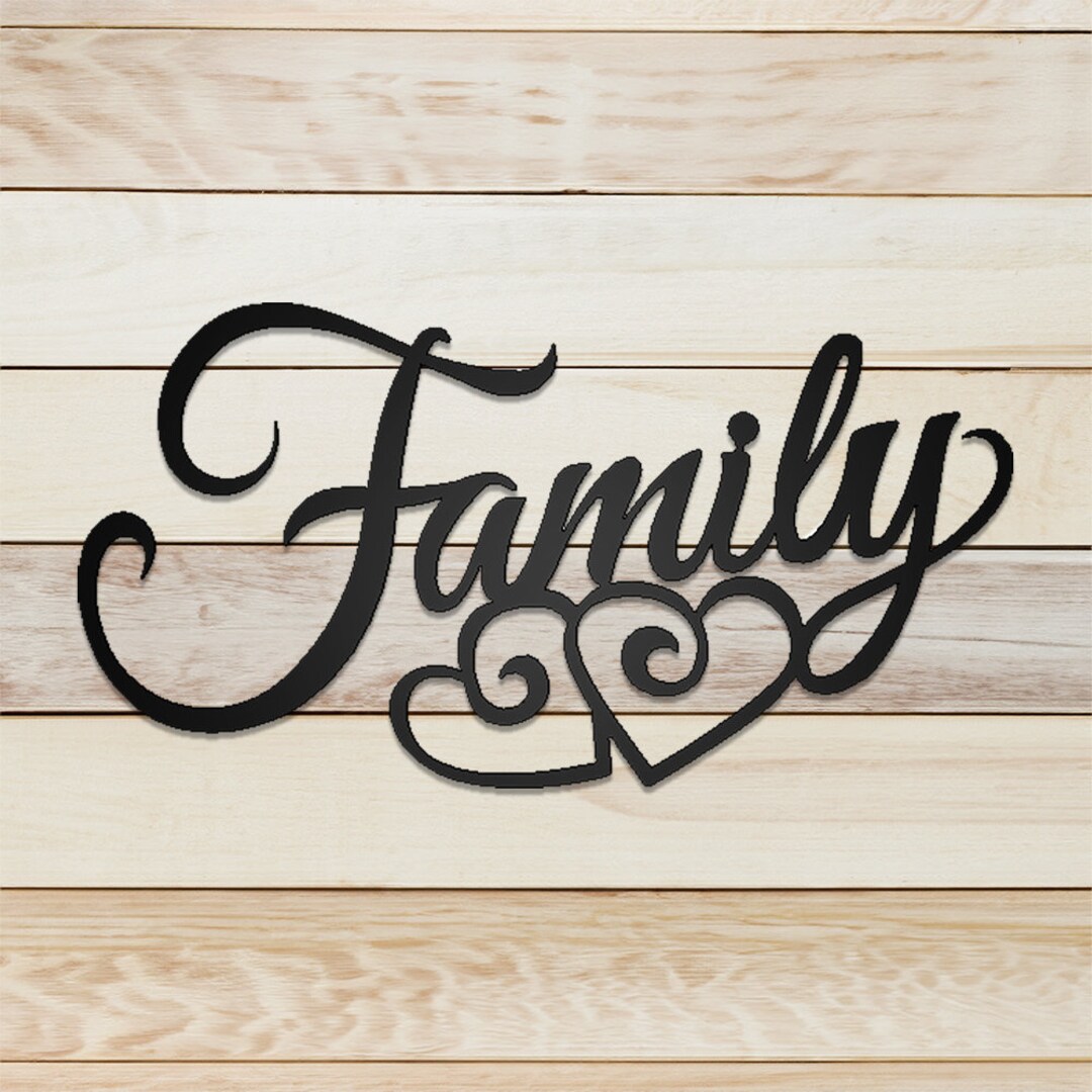Family Script With Hearts Metal Sign With Rear Mounts - Wall Mount ...