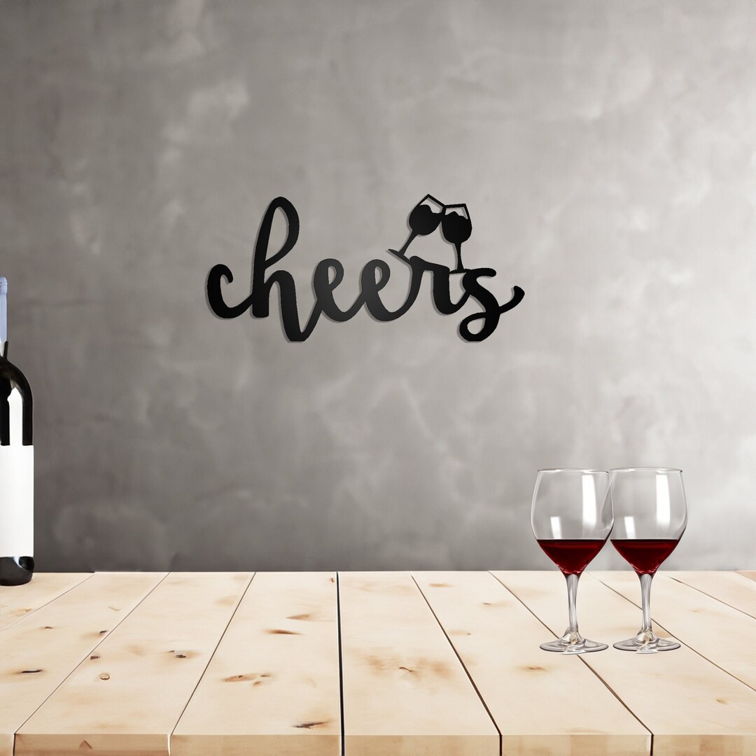 Cheers Script With Glasses Metal Sign - Clinking Glass Home Bar Area ...