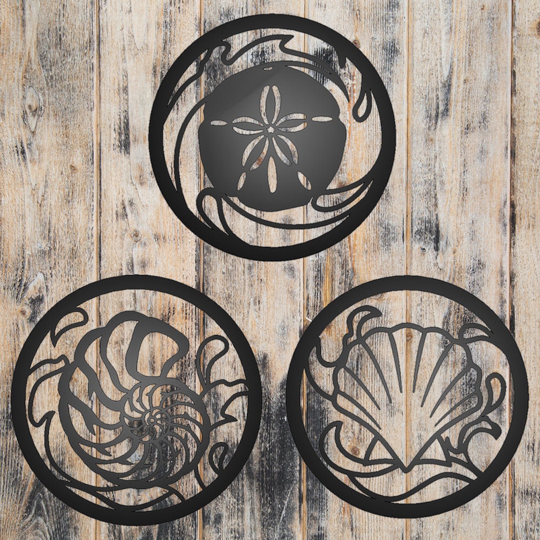 Seashell Design Metal Wall Art - 3 Piece Round Metal Sign Collection ...