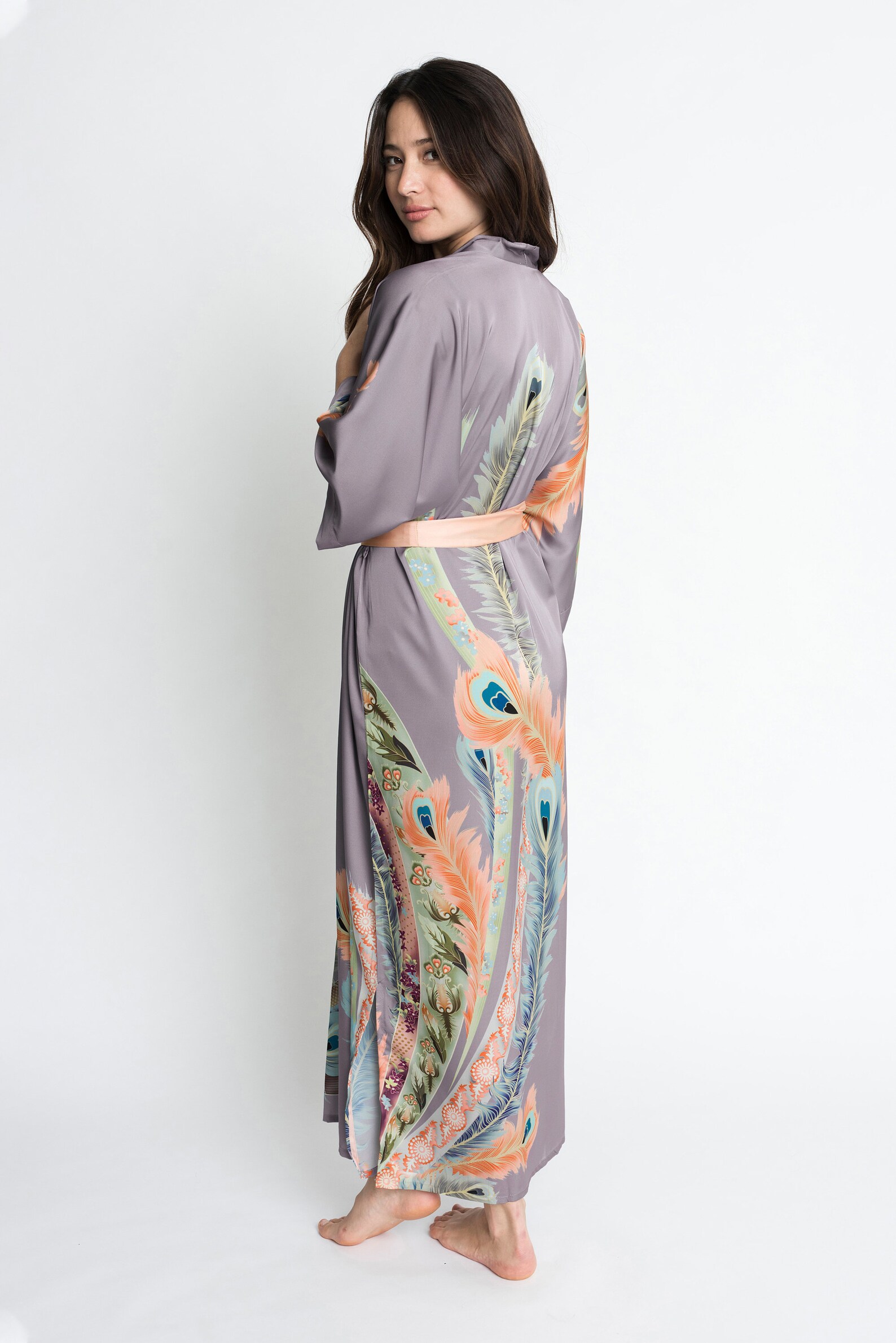 Kimono Robe Peacock Feather long Robe KIMONO Charmeuse - Etsy