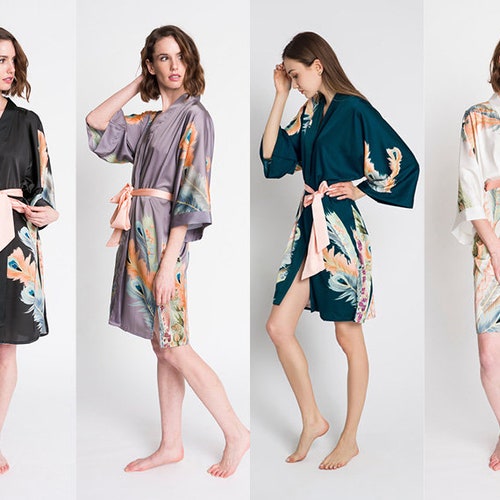 Kimono Robe Peacock Feather long Robe KIMONO Charmeuse - Etsy