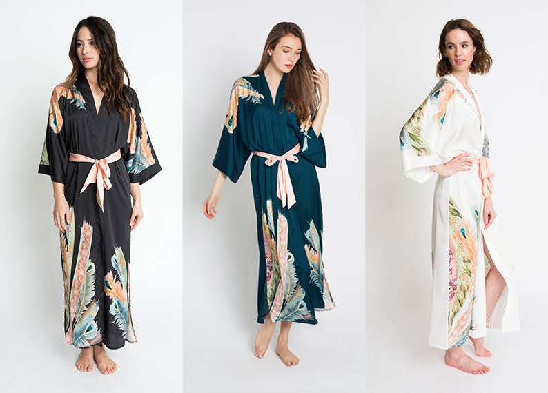 Kimono Robe Peacock Feather long Robe KIMONO Charmeuse | Etsy