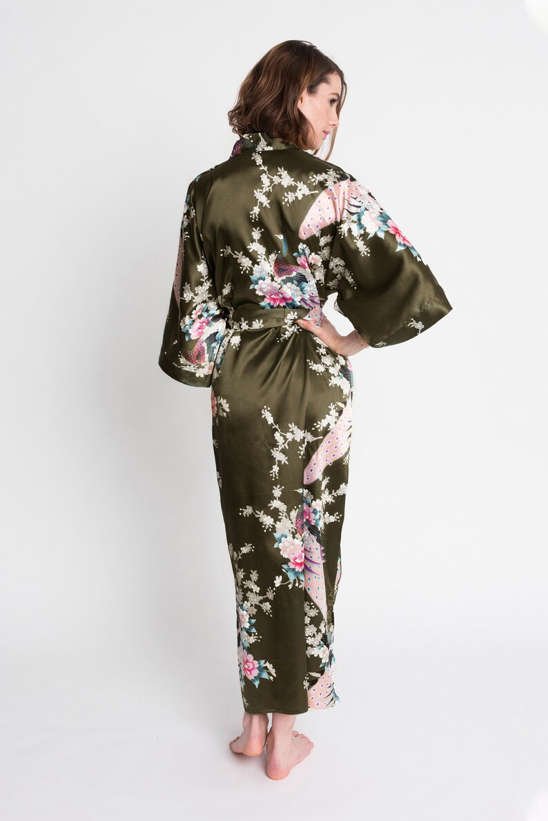 Kimono Robe Satin Long Peacock And Blossom Kimono Etsy