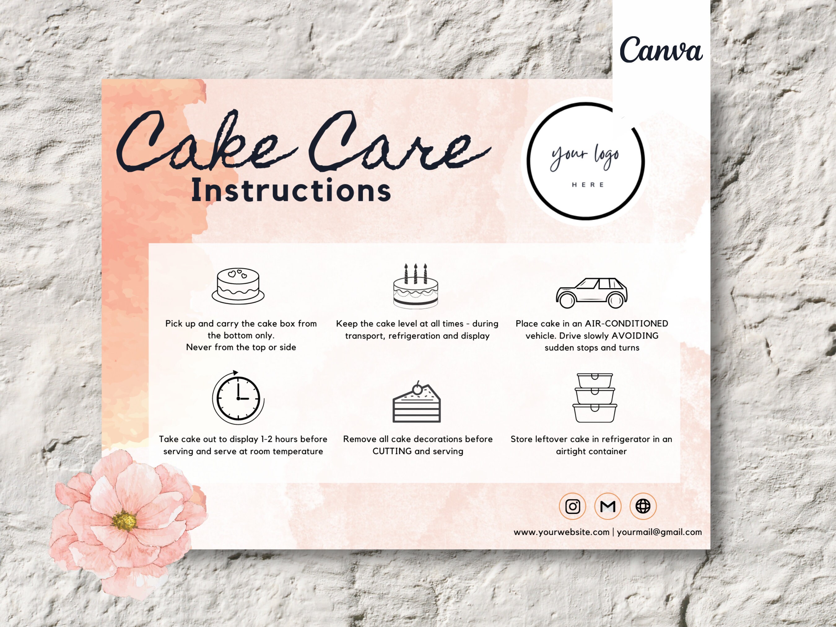 Cake Care Card Template Instructions Template Editable Etsy