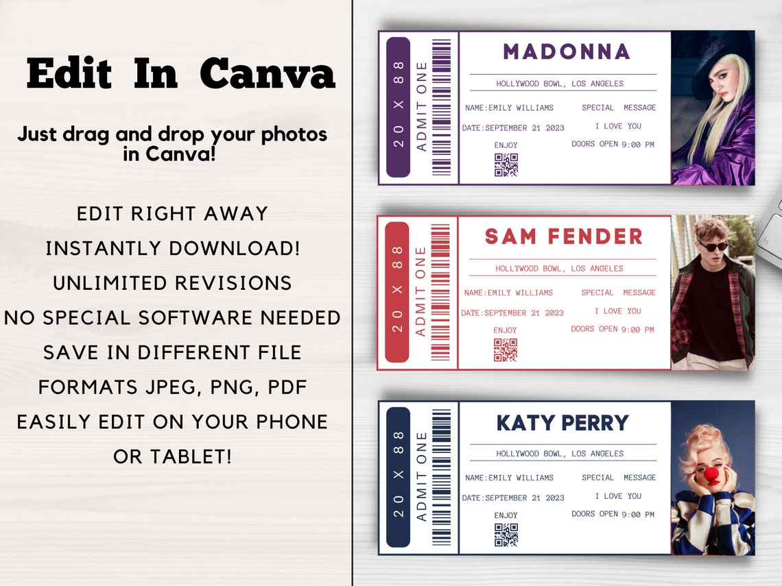 Editable Concert Ticket Template Bundle, Printable Music Event Ticket ...